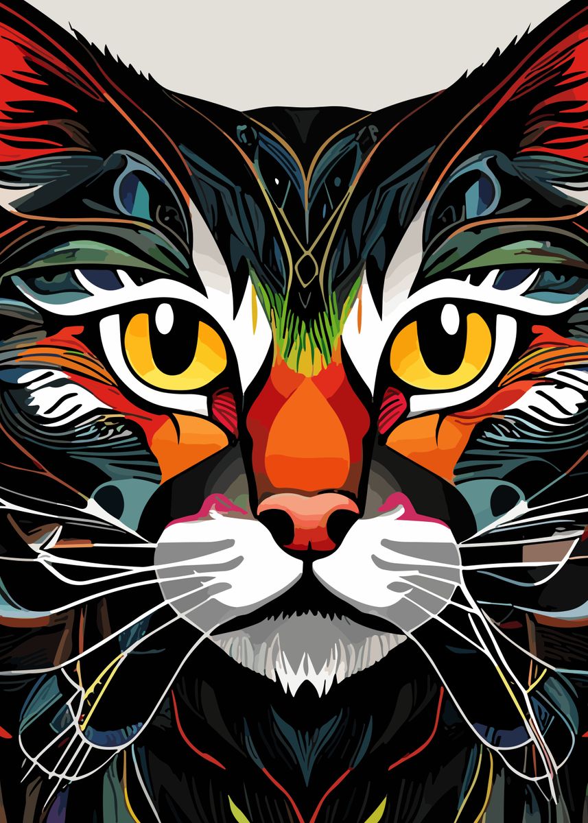 'Cat Face Abstract ' Poster, picture, metal print, paint by Wisnu ...