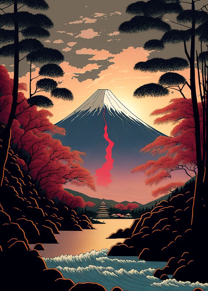 'Red Sunset over Mount Fuji' Poster, picture, metal print, paint by ...