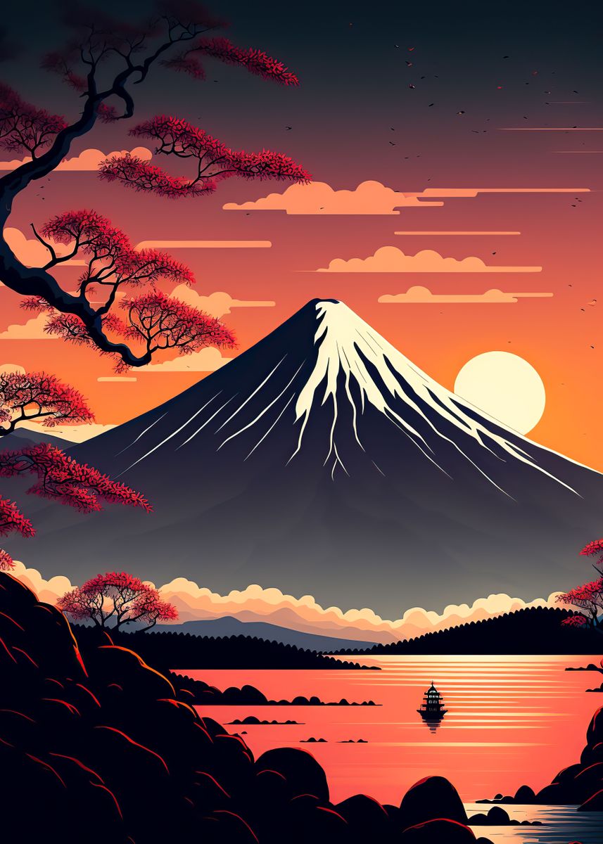'Red Sunset over Mount Fuji' Poster, picture, metal print, paint by ...