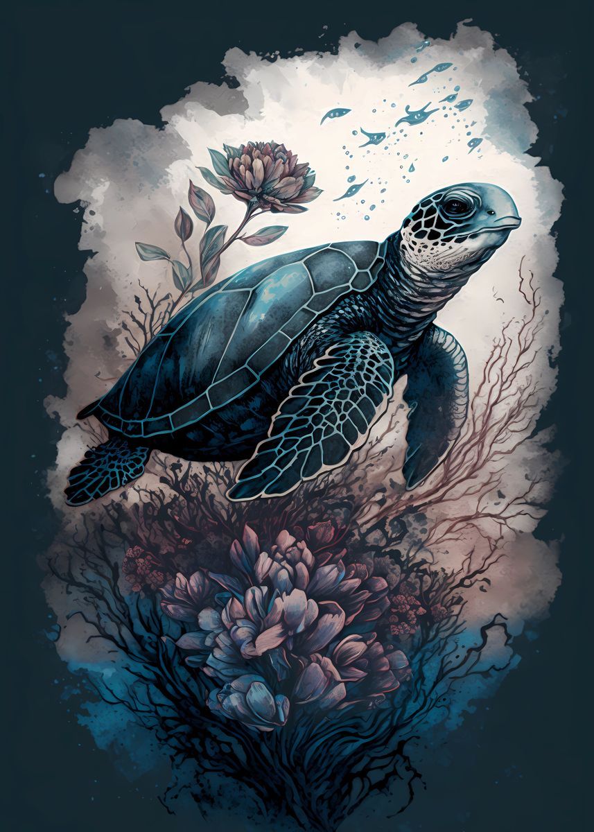 'Turtle Playful' Poster, picture, metal print, paint by Sasha Zeped | Displate