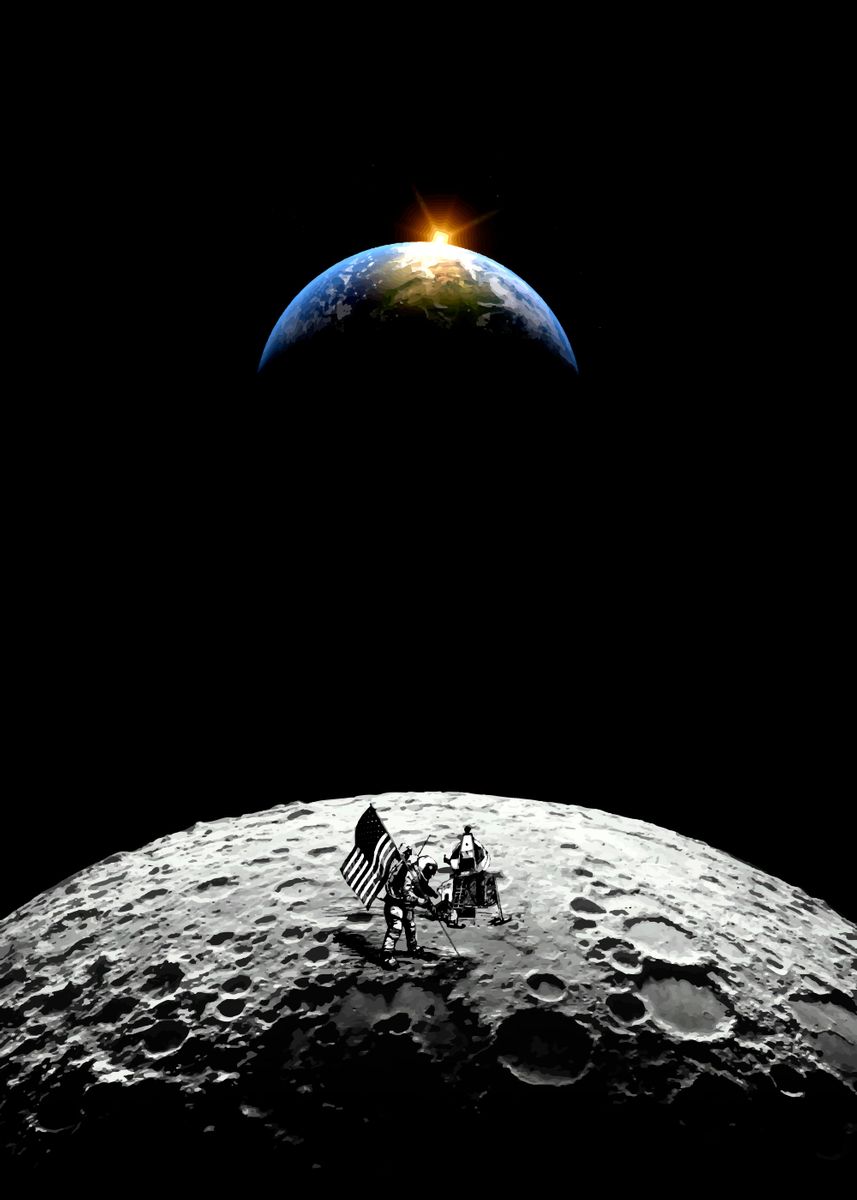 'Astronauts plant flag moon' Poster, picture, metal print, paint by ...