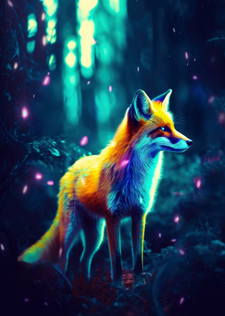 'Synthwave Fox with lights' Poster, picture, metal print, paint by ...