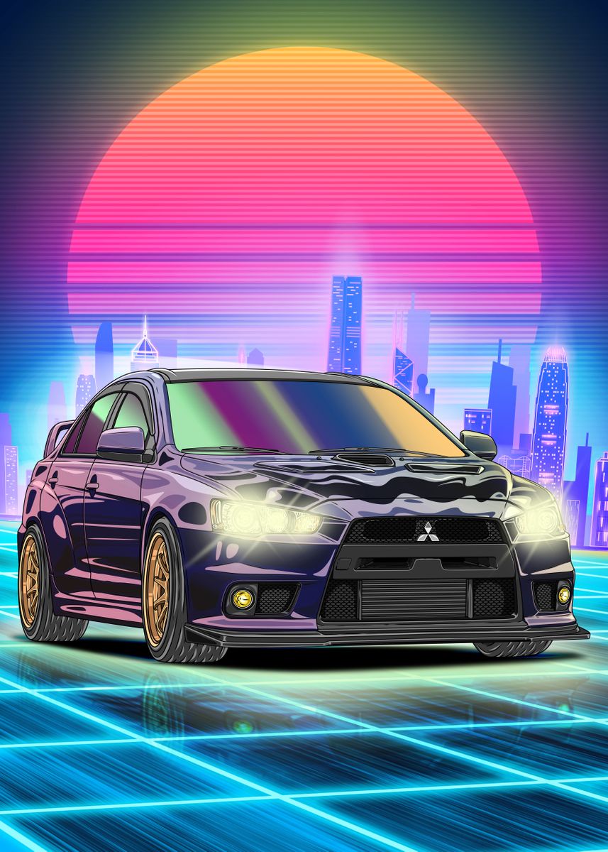 'Neon Sunset Lancer Evo 10' Poster by Navin Guyvit | Displate