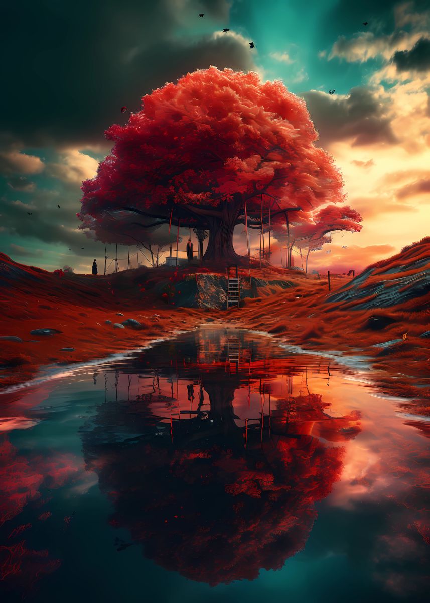 'Red Tree ' Poster, picture, metal print, paint by AI and ME | Displate
