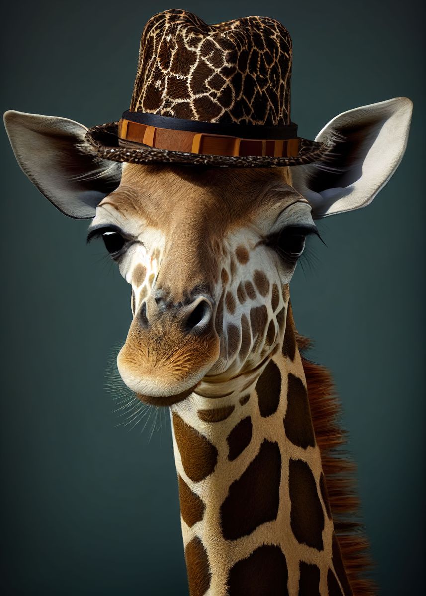 'Giraffe Funny Animal Hat' Poster, picture, metal print, paint by ...