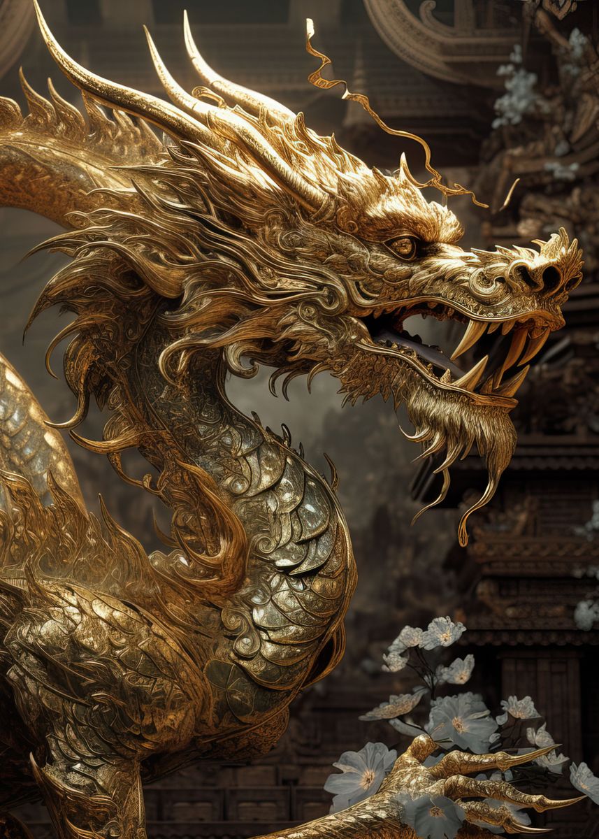 'Golden Dragon Status' Poster, picture, metal print, paint by Guillaume ...