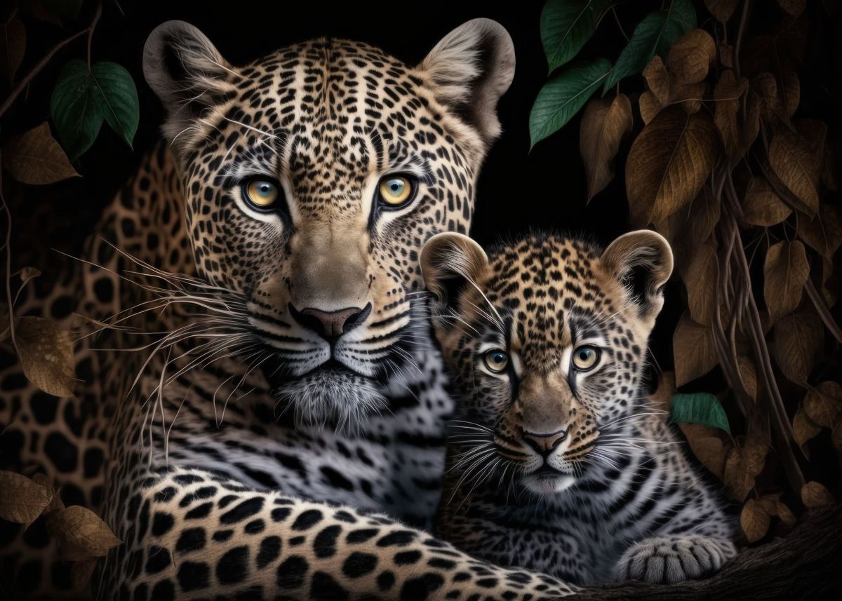 'Leopard with cub' Poster by Volodymyr Burdiak | Displate