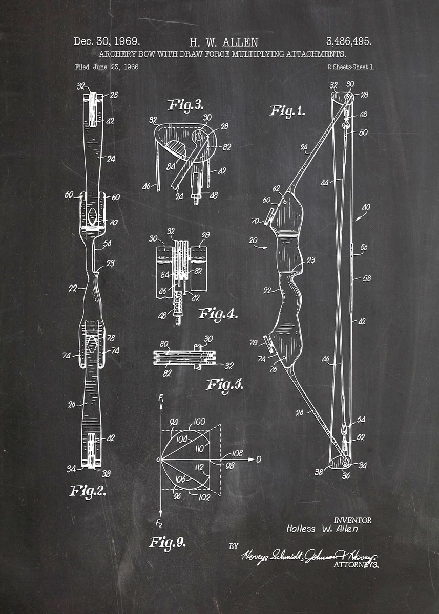 'Archery bow patent 1969' Poster, picture, metal print, paint by ...
