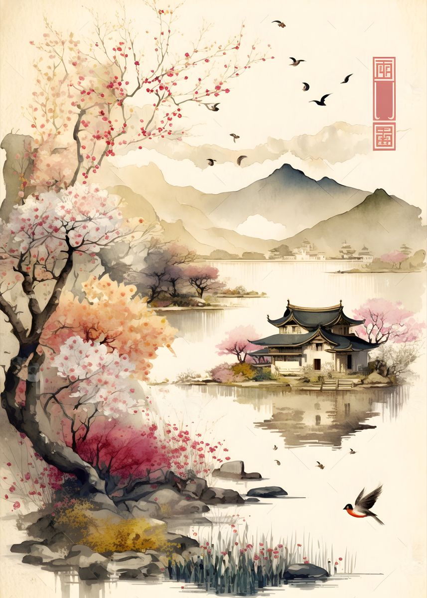 'Vintage Asian Landscape' Poster, picture, metal print, paint by ...