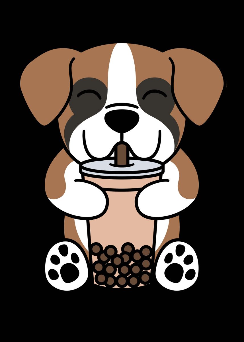 'Boxer Dog Bubble Tea ' Poster, picture, metal print, paint by ...