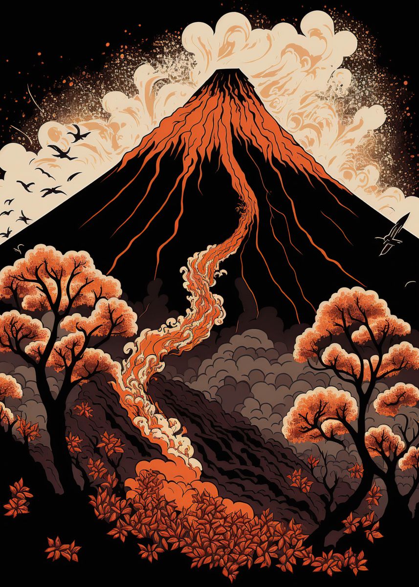 'Volcano Landscape' Poster, picture, metal print, paint by DorthyToy | Displate