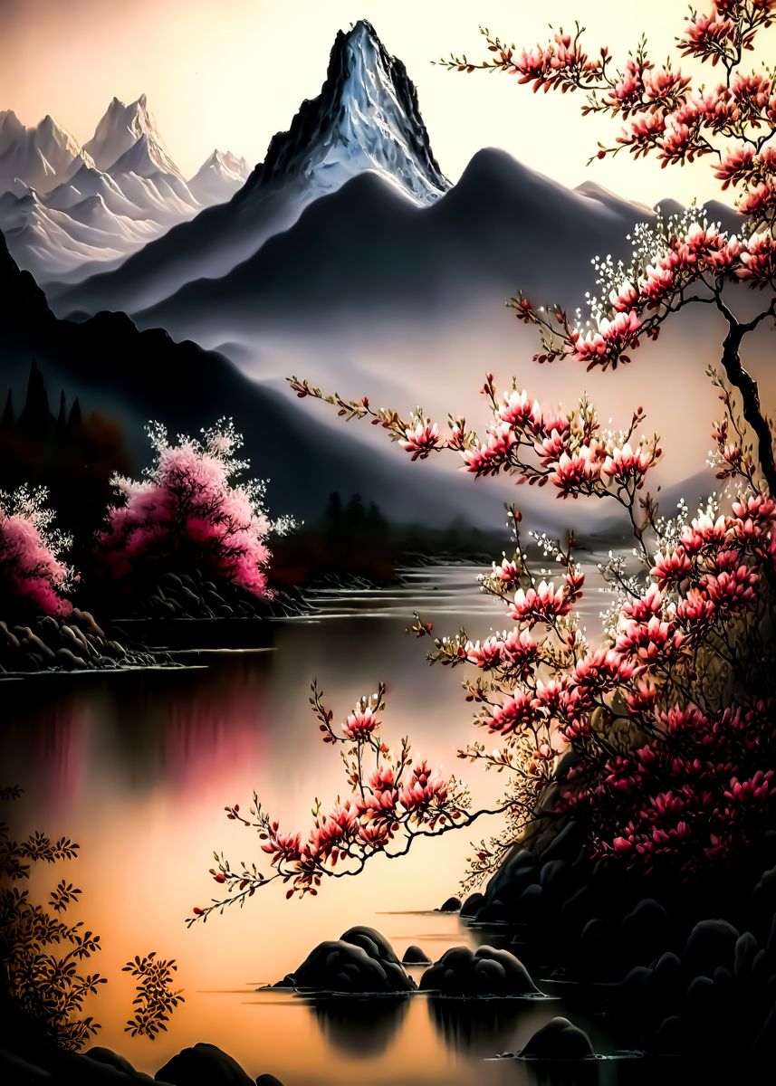 'Japan mountain river' Poster, picture, metal print, paint by Agnes ...