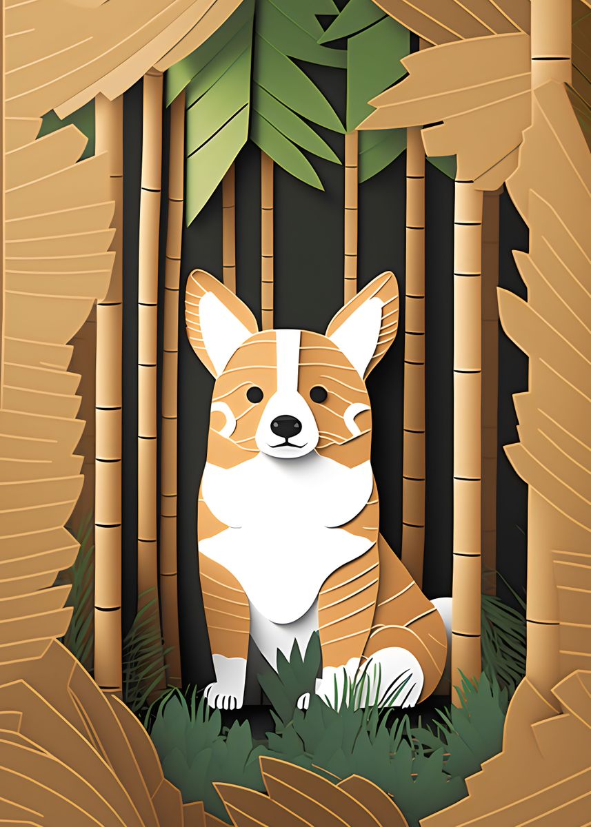 'Corgi dog in bamboo forest' Poster, picture, metal print, paint by ...