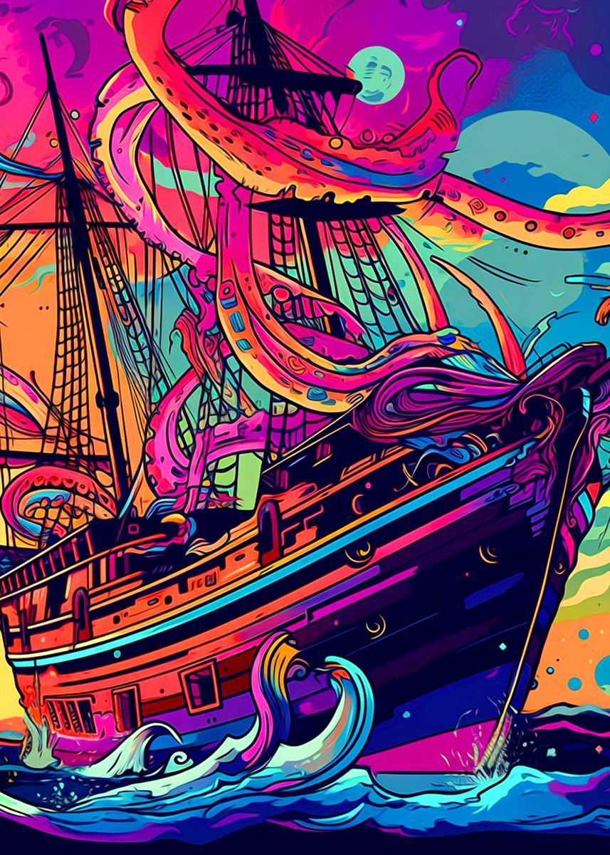 'Colorful Ocean Ship' Poster, picture, metal print, paint by stu art ...
