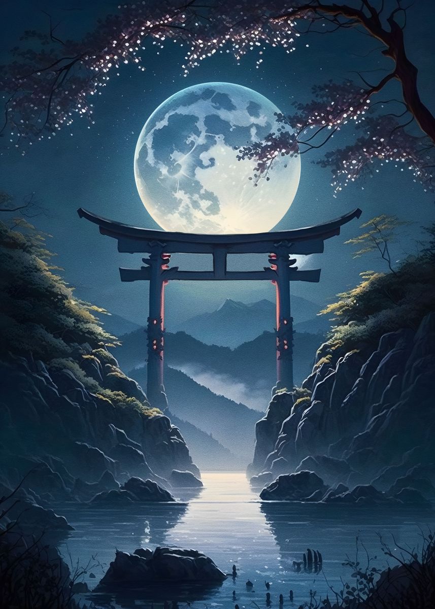 'Moonlight in torii gate' Poster, picture, metal print, paint by ...