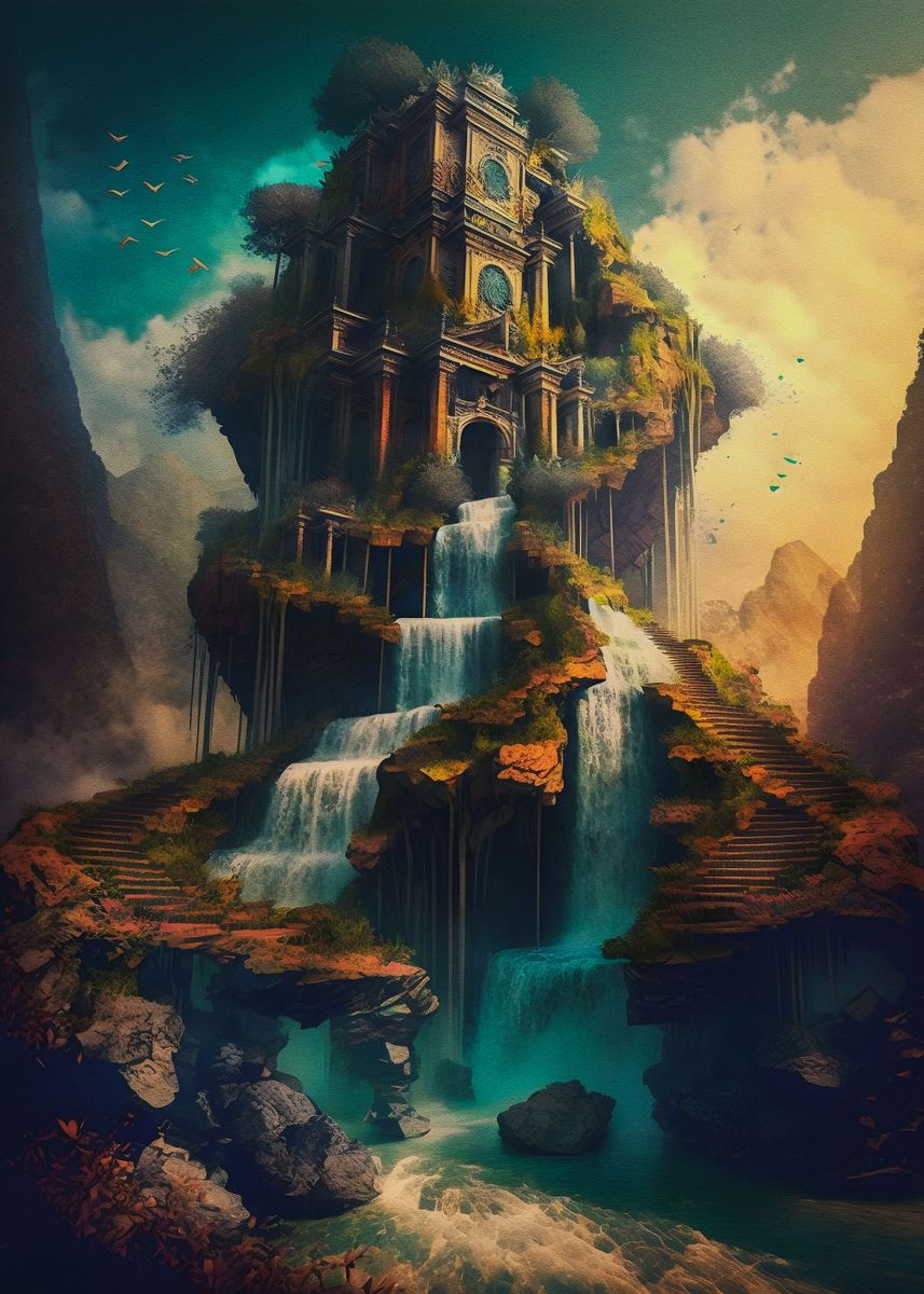 'Waterfall Palace' Poster, picture, metal print, paint by Muhammad ...
