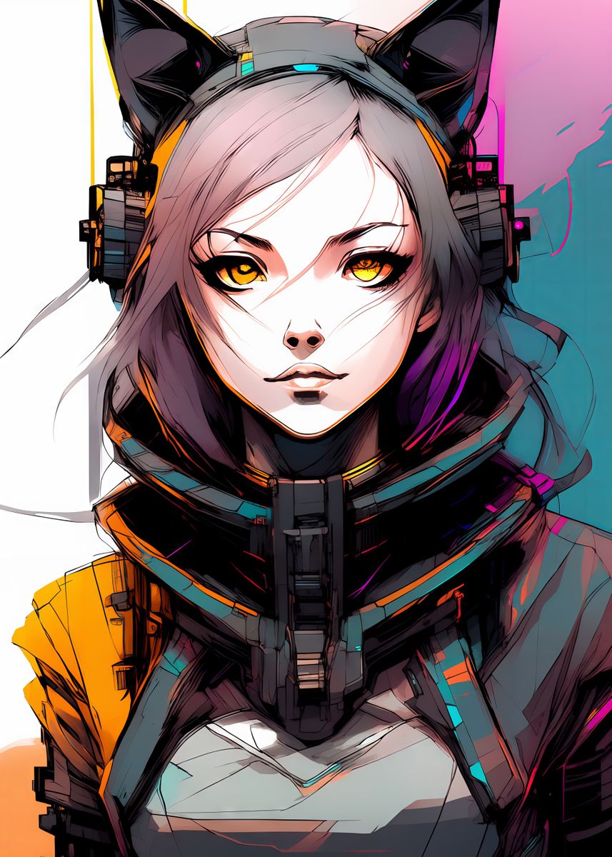 'Beauty Cyber Cat girl Art' Poster, picture, metal print, paint by ...