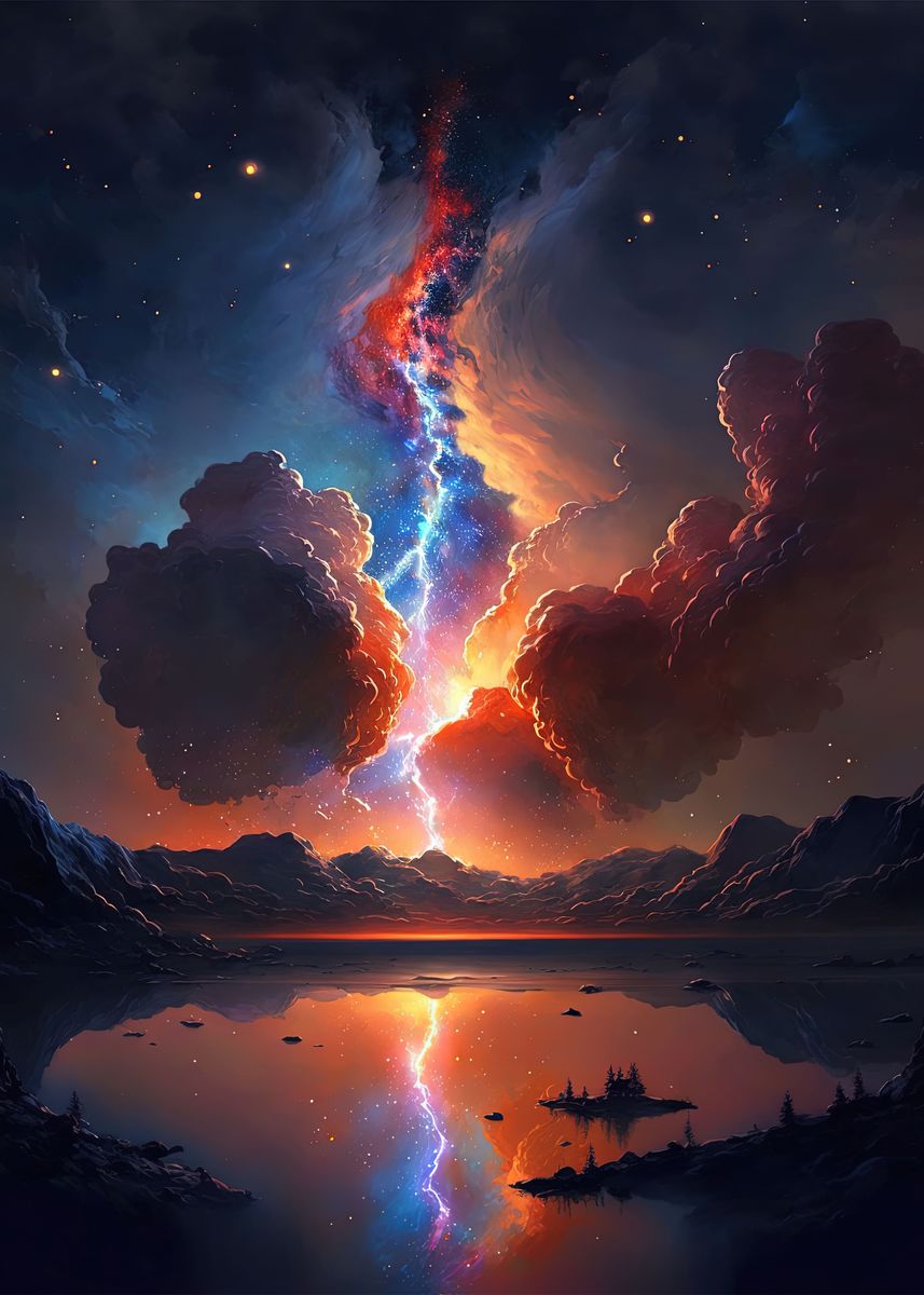 'Red Sunset Over the Lake' Poster, picture, metal print, paint by Ben ...