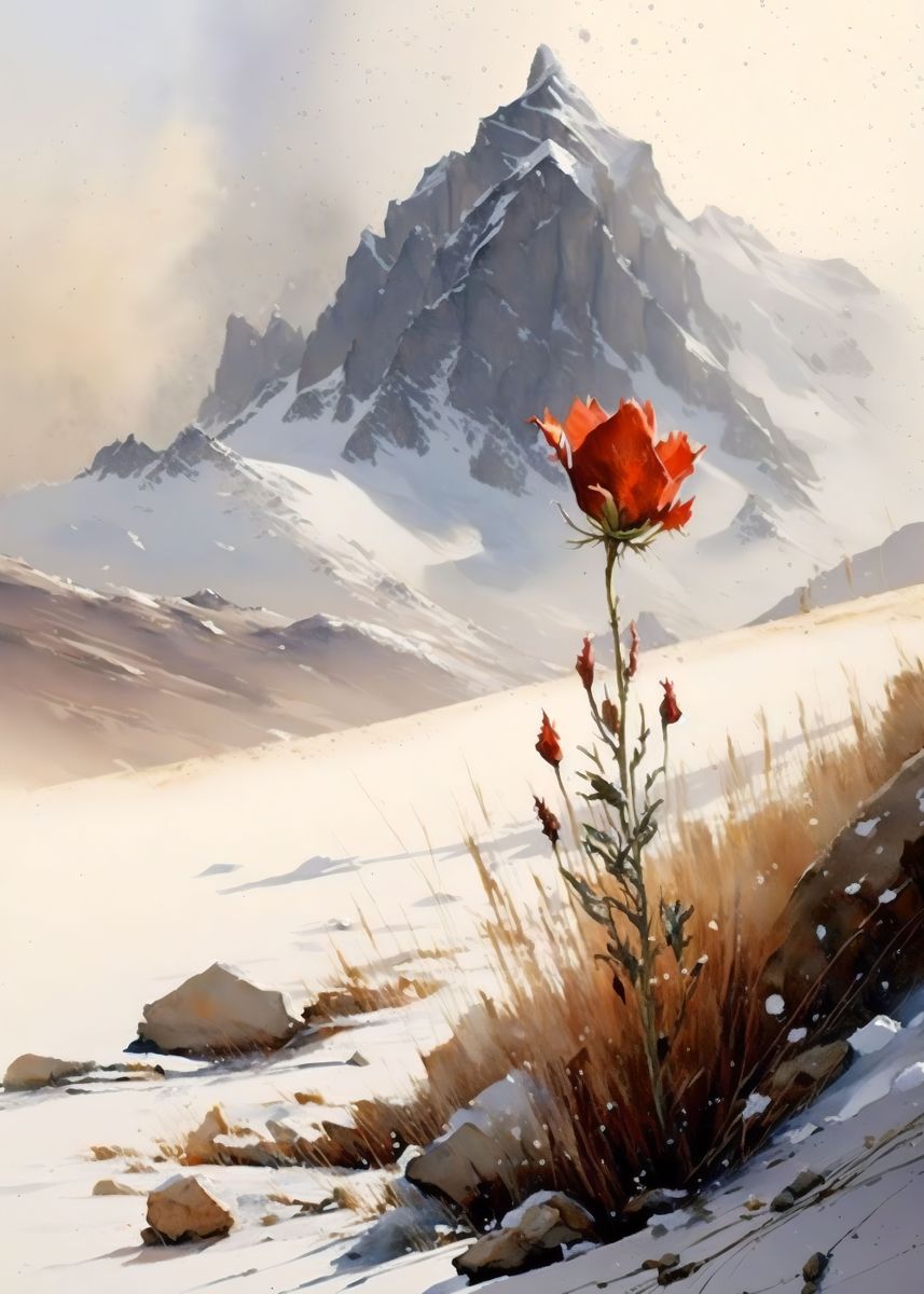 'Red flower in the mountain' Poster, picture, metal print, paint by ...