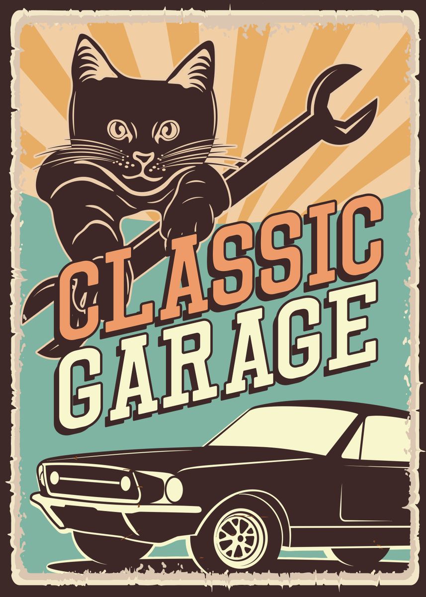 'Retro Cat and Garage 4' Poster, picture, metal print, paint by ...