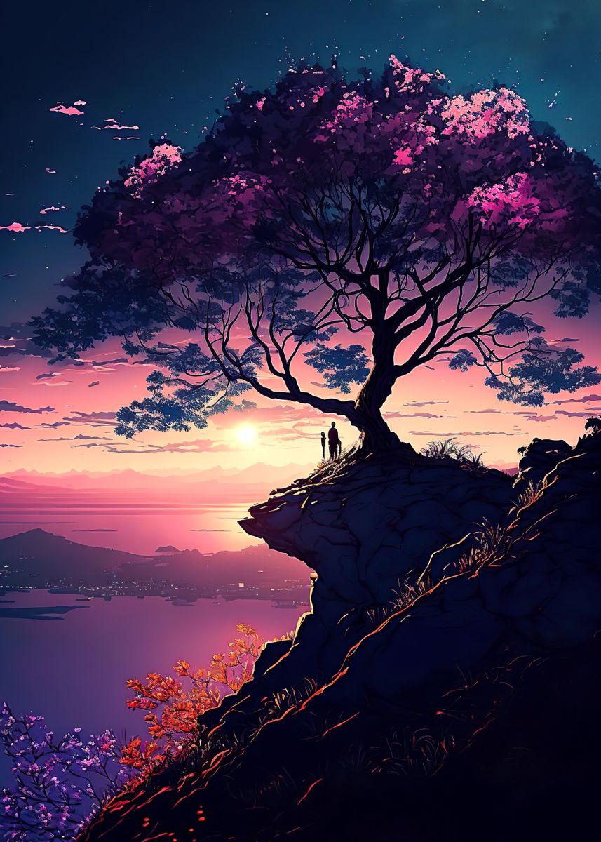 ' Anime Sunset Scenery ' Poster, picture, metal print, paint by Elly ...
