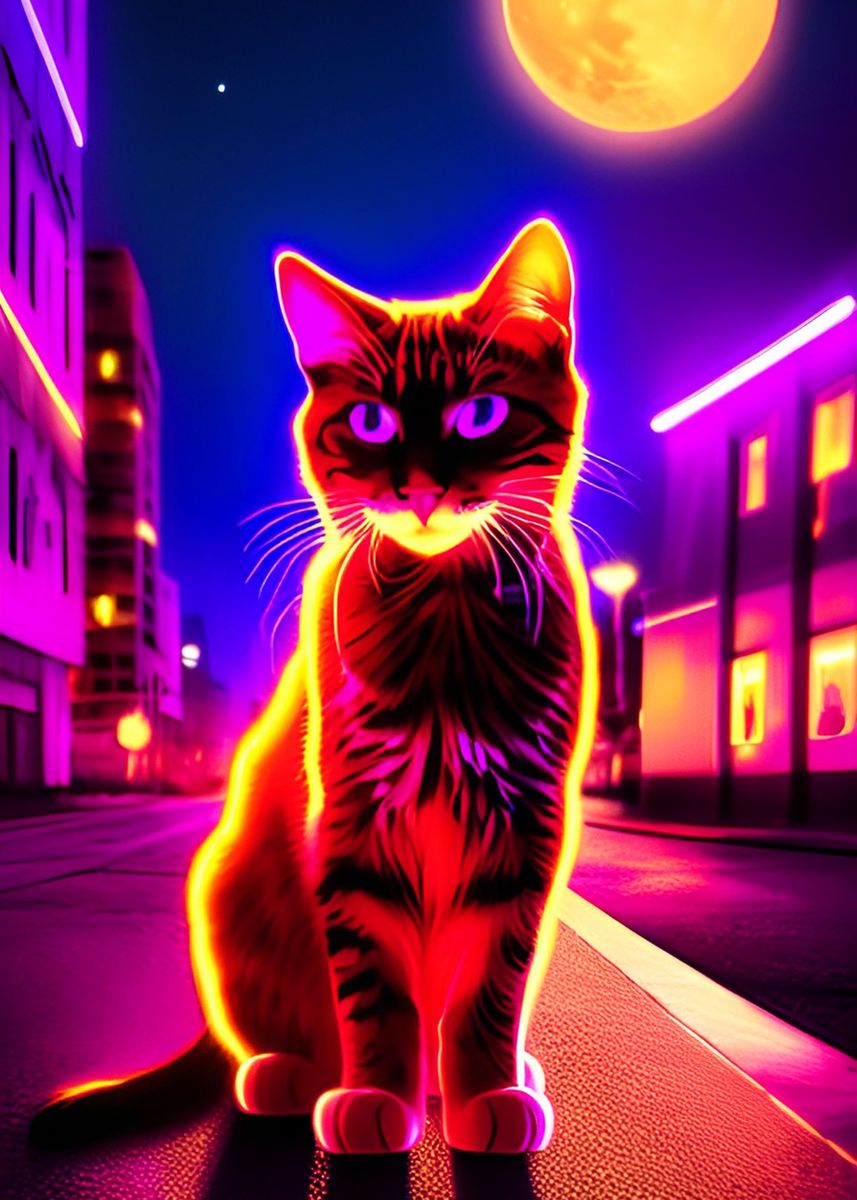 'Neon Cat by Moonlight' Poster, picture, metal print, paint by Max Ronn ...