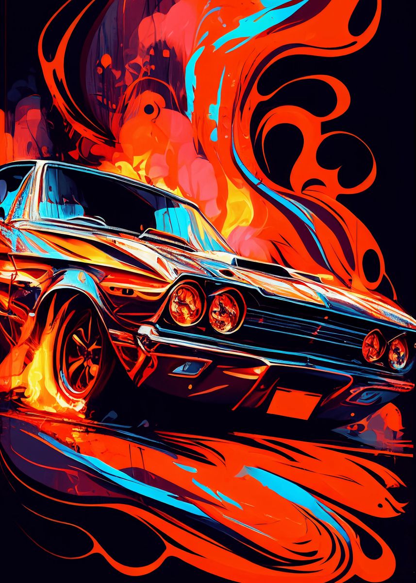 'abstract muscle car flames' Poster, picture, metal print, paint by ...