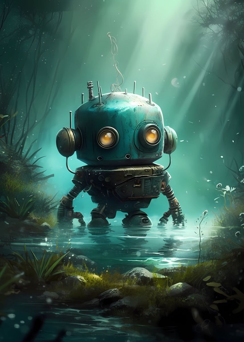 'Lonely Blue Robot' Poster, picture, metal print, paint by AI and ME ...