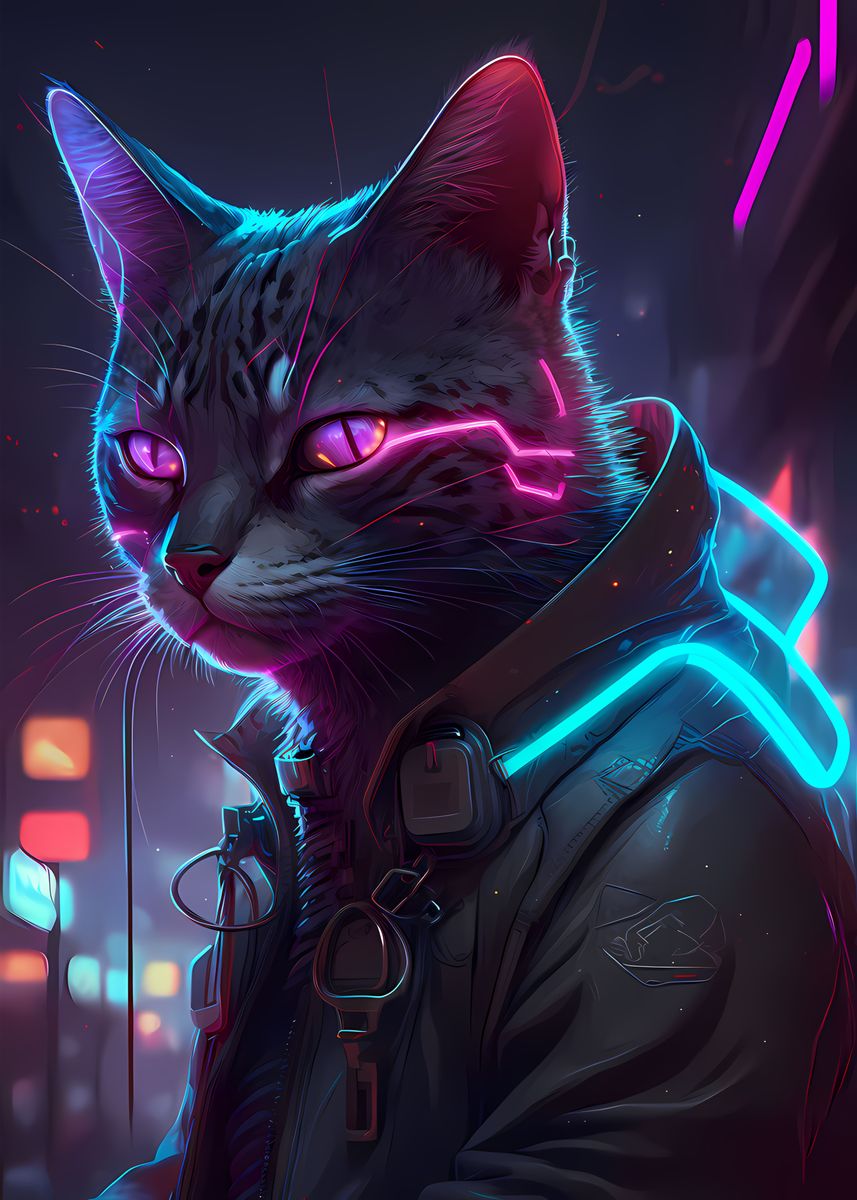 'Cat Cyberpunk Neon Art' Poster, picture, metal print, paint by Jay ...
