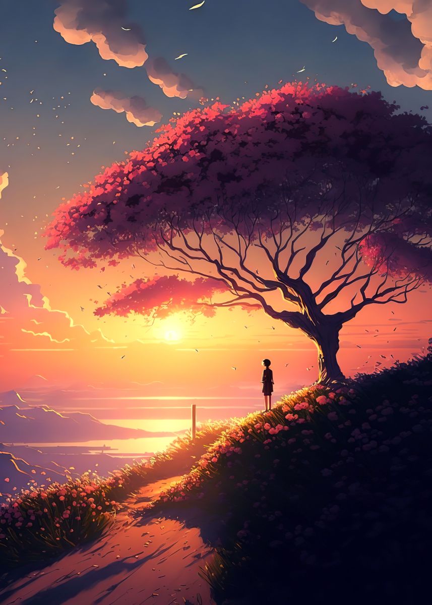 ' Anime Sunset Scenery ' Poster, picture, metal print, paint by Elly ...