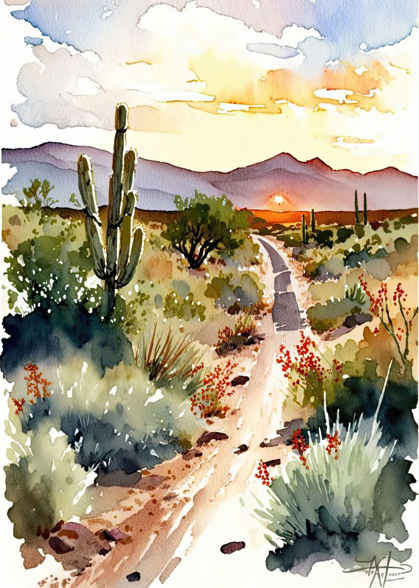 'Desert Watercolor Sunset' Poster, picture, metal print, paint by Nick ...