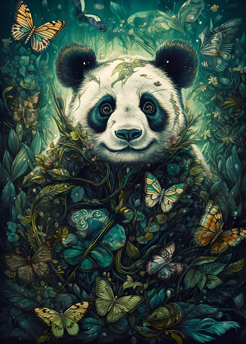 'Panda Butterfly' Poster, picture, metal print, paint by Elz art | Displate