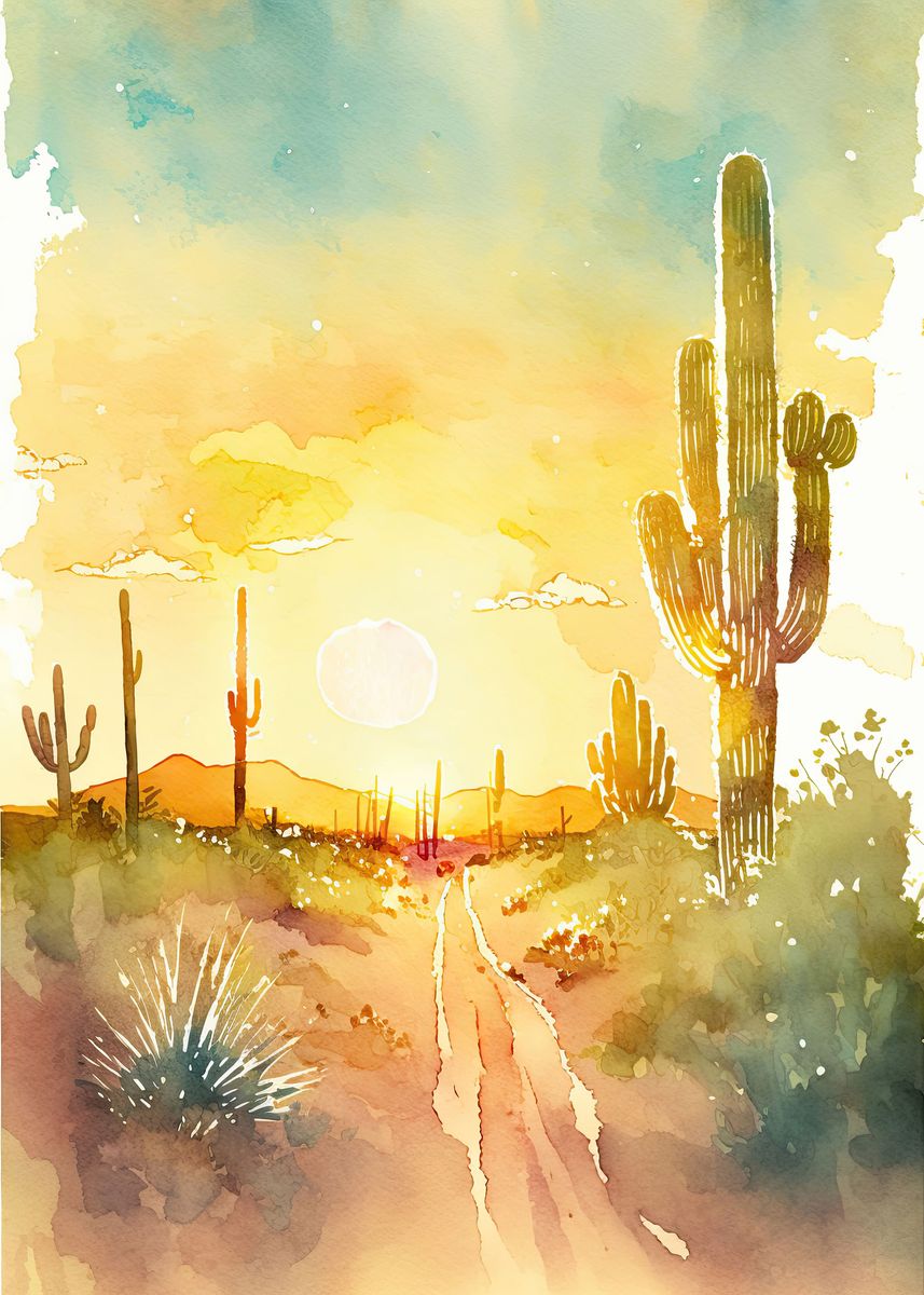 'Desert Watercolor Sunset' Poster, picture, metal print, paint by Nick ...