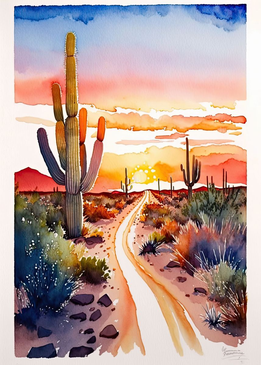 'Desert Watercolor Sunset' Poster, picture, metal print, paint by Nick ...