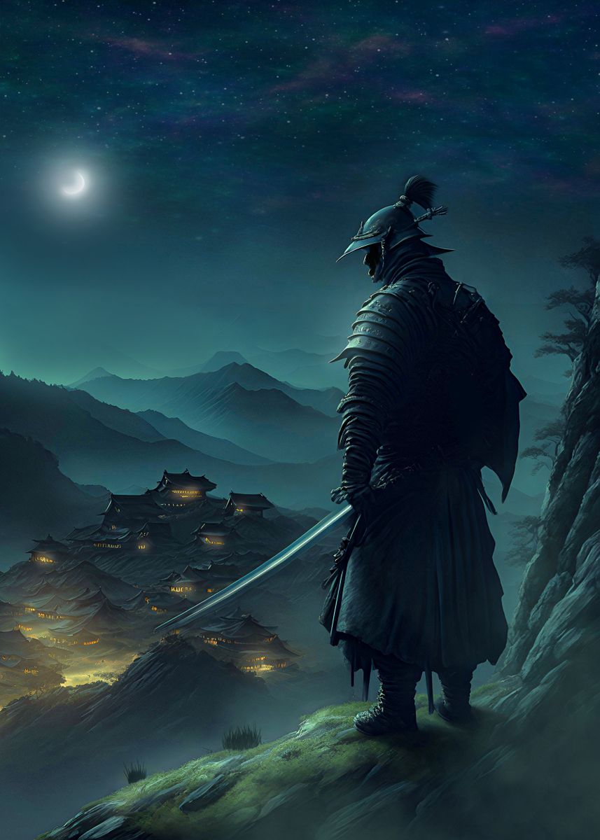 'Samurai Standing on Cliff' Poster, picture, metal print, paint by ...