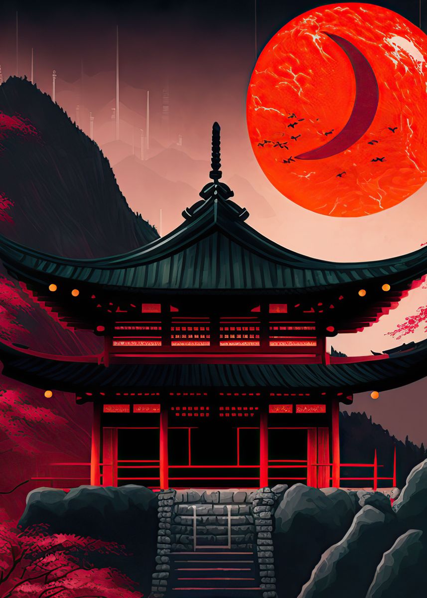 'Red Moon Japan' Poster, picture, metal print, paint by Anime | Displate