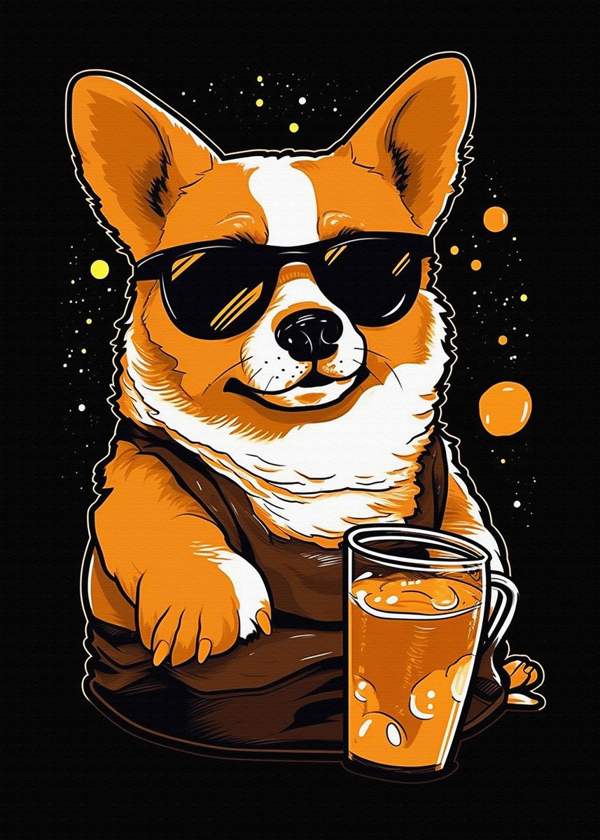 'Cool Corgi Dink Beer' Poster, picture, metal print, paint by Michael I ...