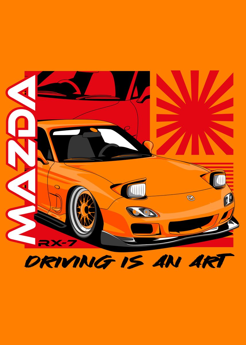 'Orange RX 7 Car' Poster, picture, metal print, paint by Mikhaila ...