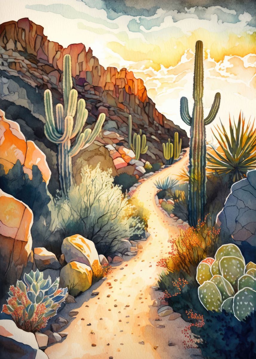 'Desert Watercolor Sunset' Poster, picture, metal print, paint by Nick ...