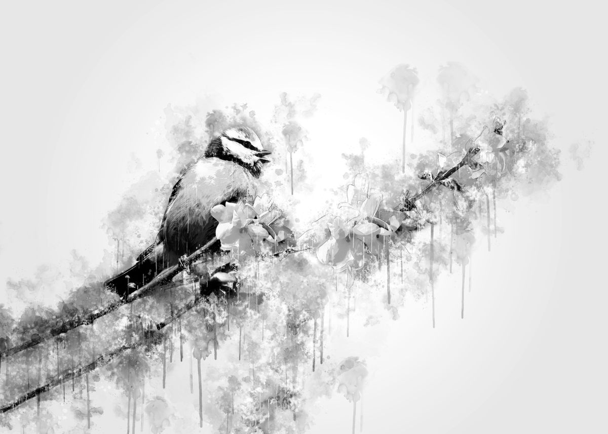 'Bird with Flowers BW' Poster by Cornel Vlad | Displate