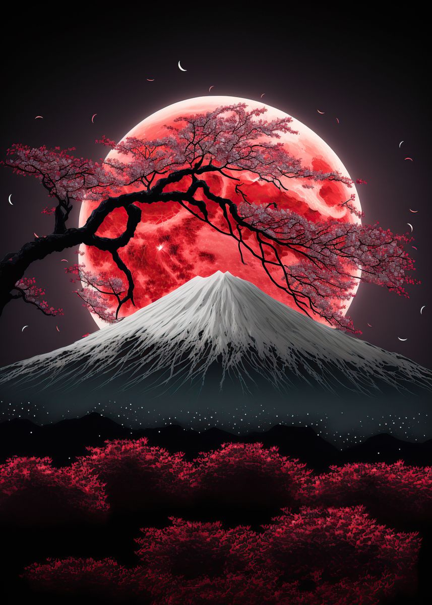 'Red Moon Japan' Poster, picture, metal print, paint by Coral Blackwell | Displate