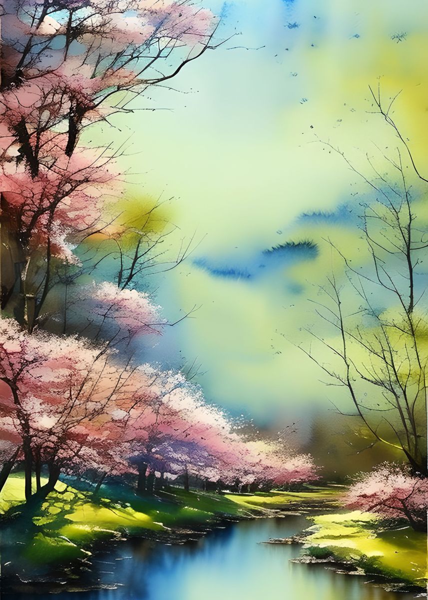 'Calm Spring River Forest' Poster, picture, metal print, paint by Abu ...