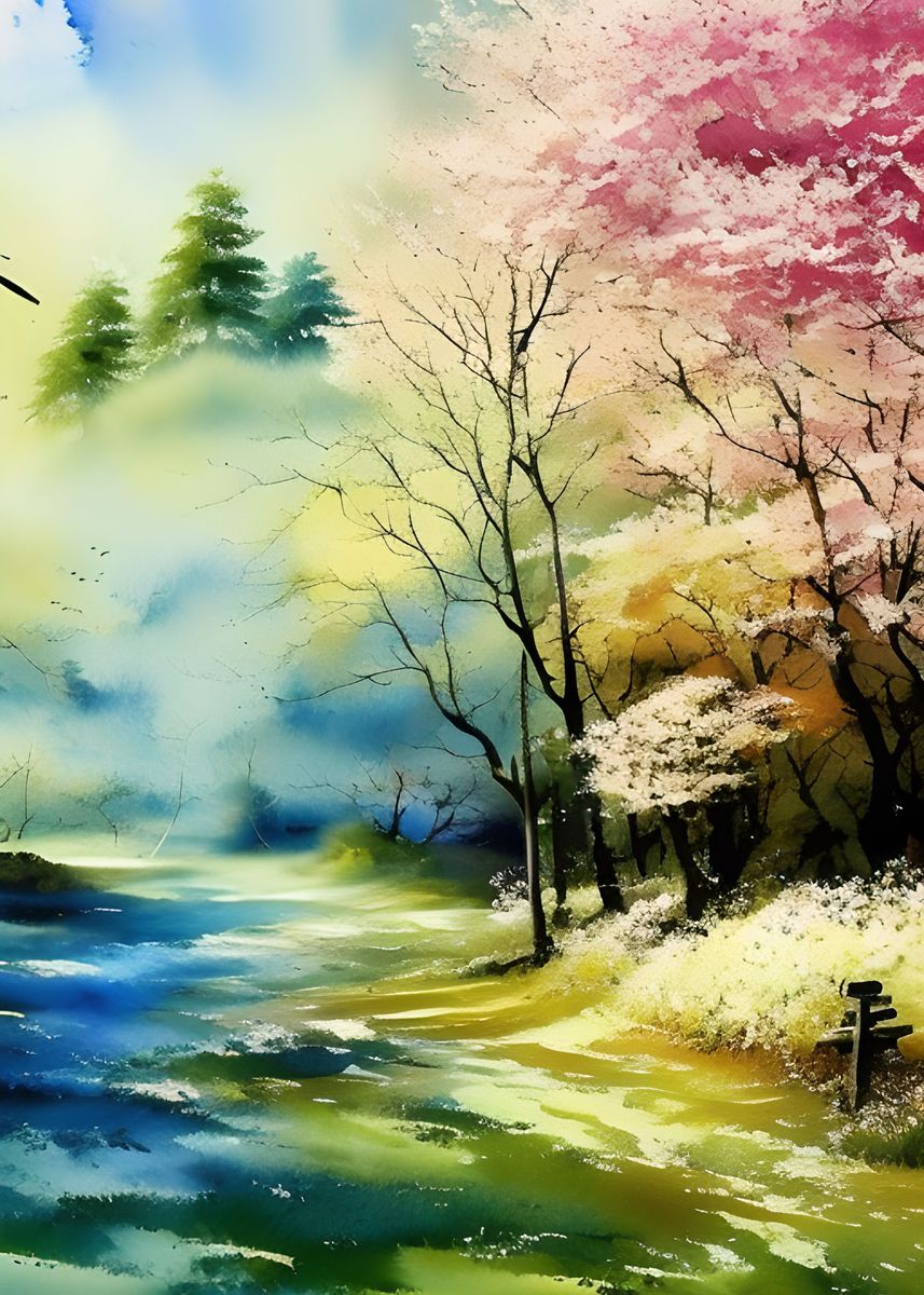 'Spring Footpath in Forest' Poster, picture, metal print, paint by Abu ...