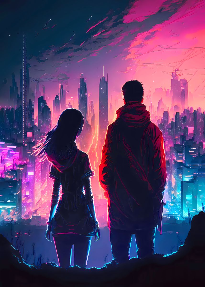 'Future Couple Cityscape' Poster, picture, metal print, paint by Luong ...