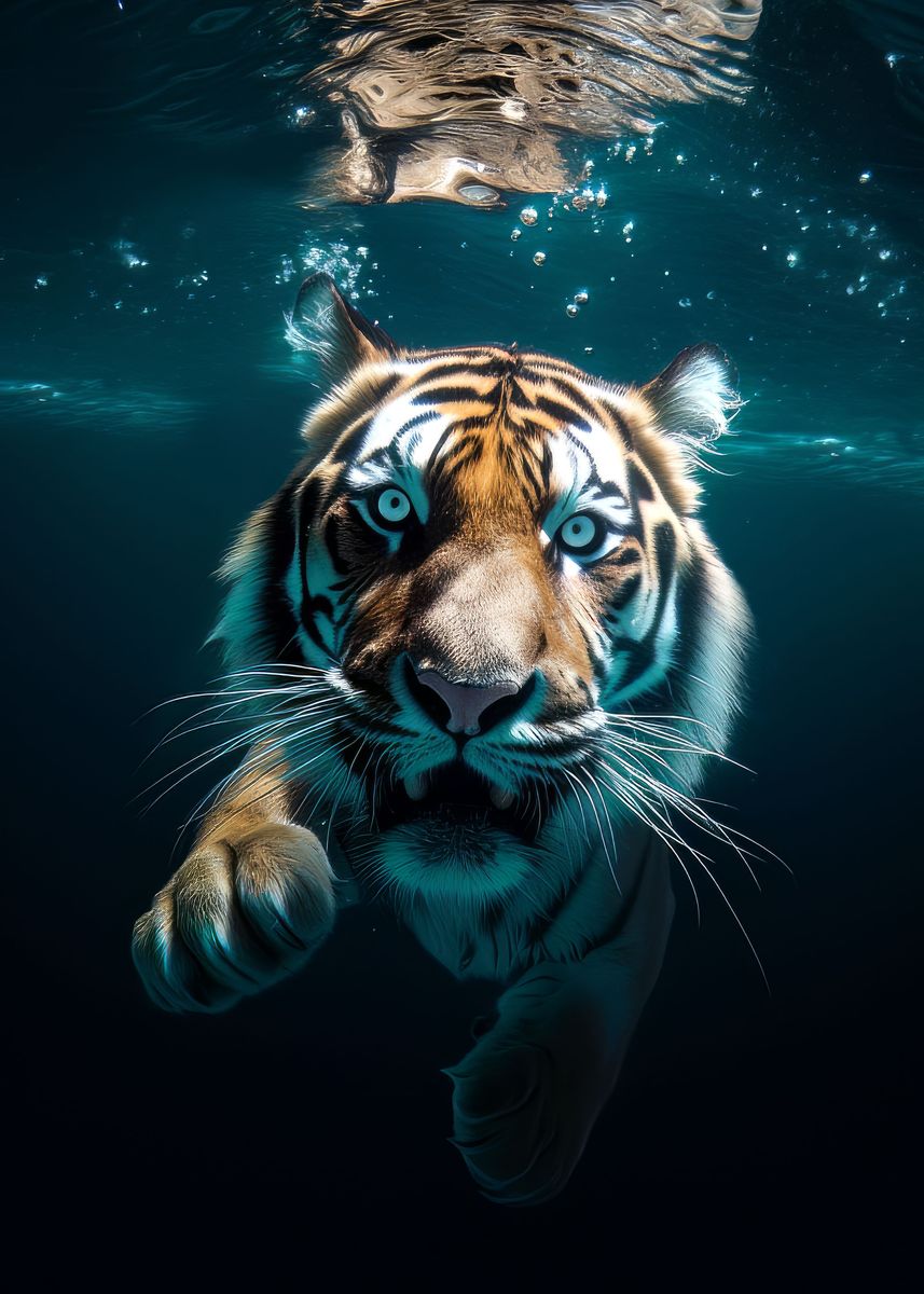 'Diving Tiger in Blue Water' Poster, picture, metal print, paint by ...