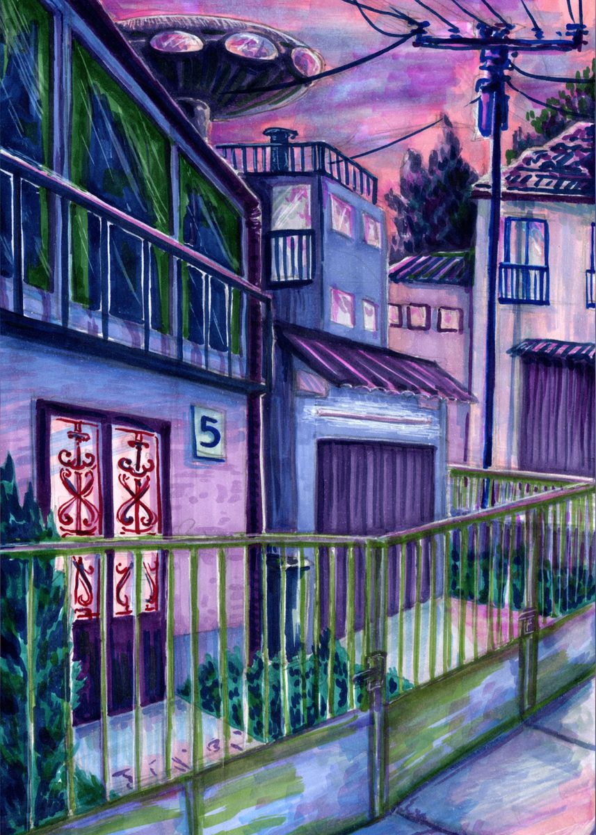 'UFO streets' Poster, picture, metal print, paint by Virág Mazár | Displate