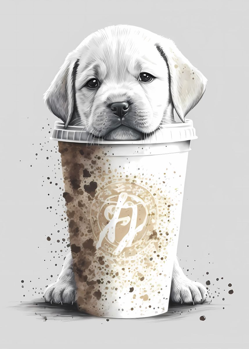 'Cute Puppy Drinks Coffee' Poster, picture, metal print, paint by ...