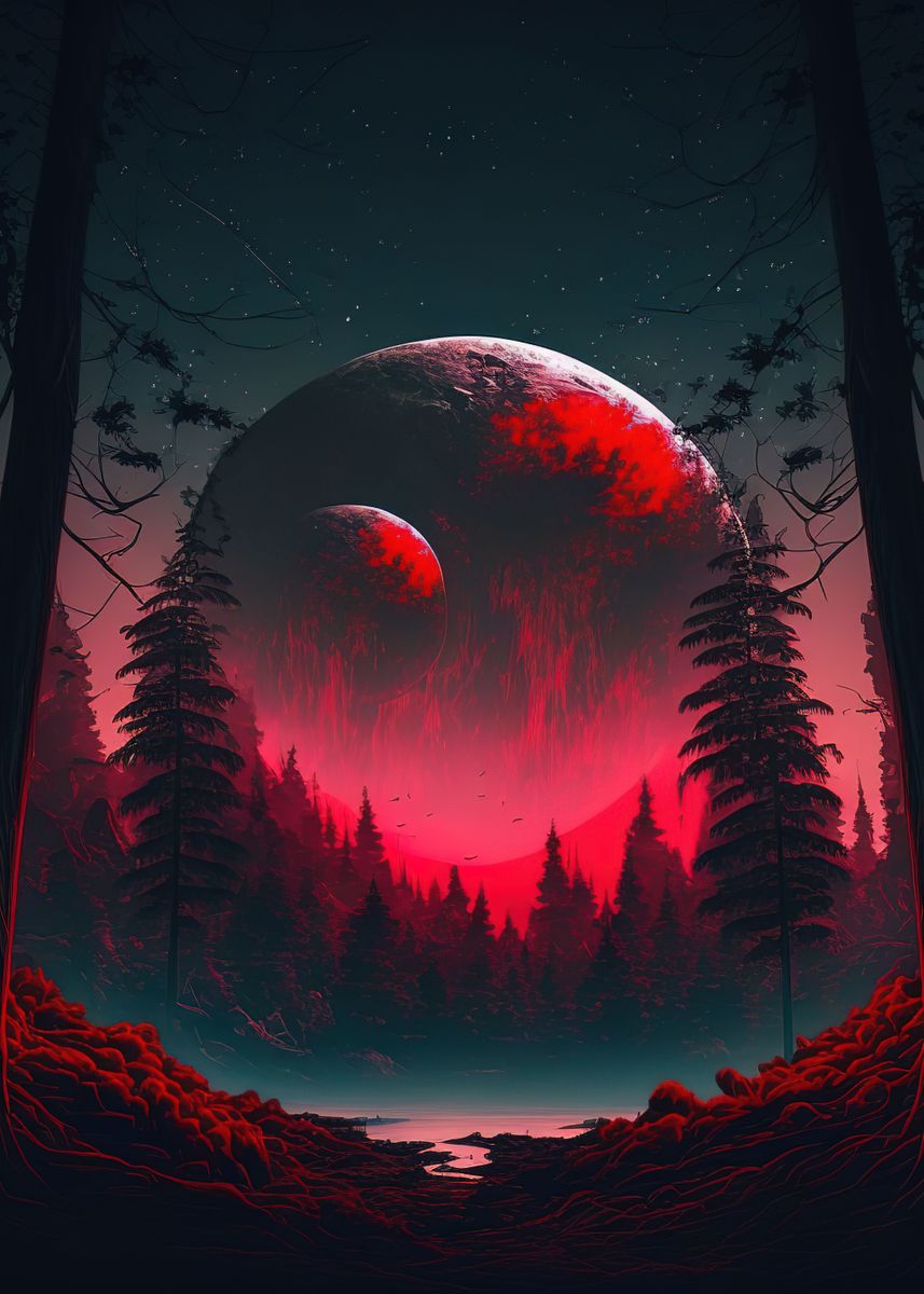 'Red moon forest dark ' Poster, picture, metal print, paint by Anime ...
