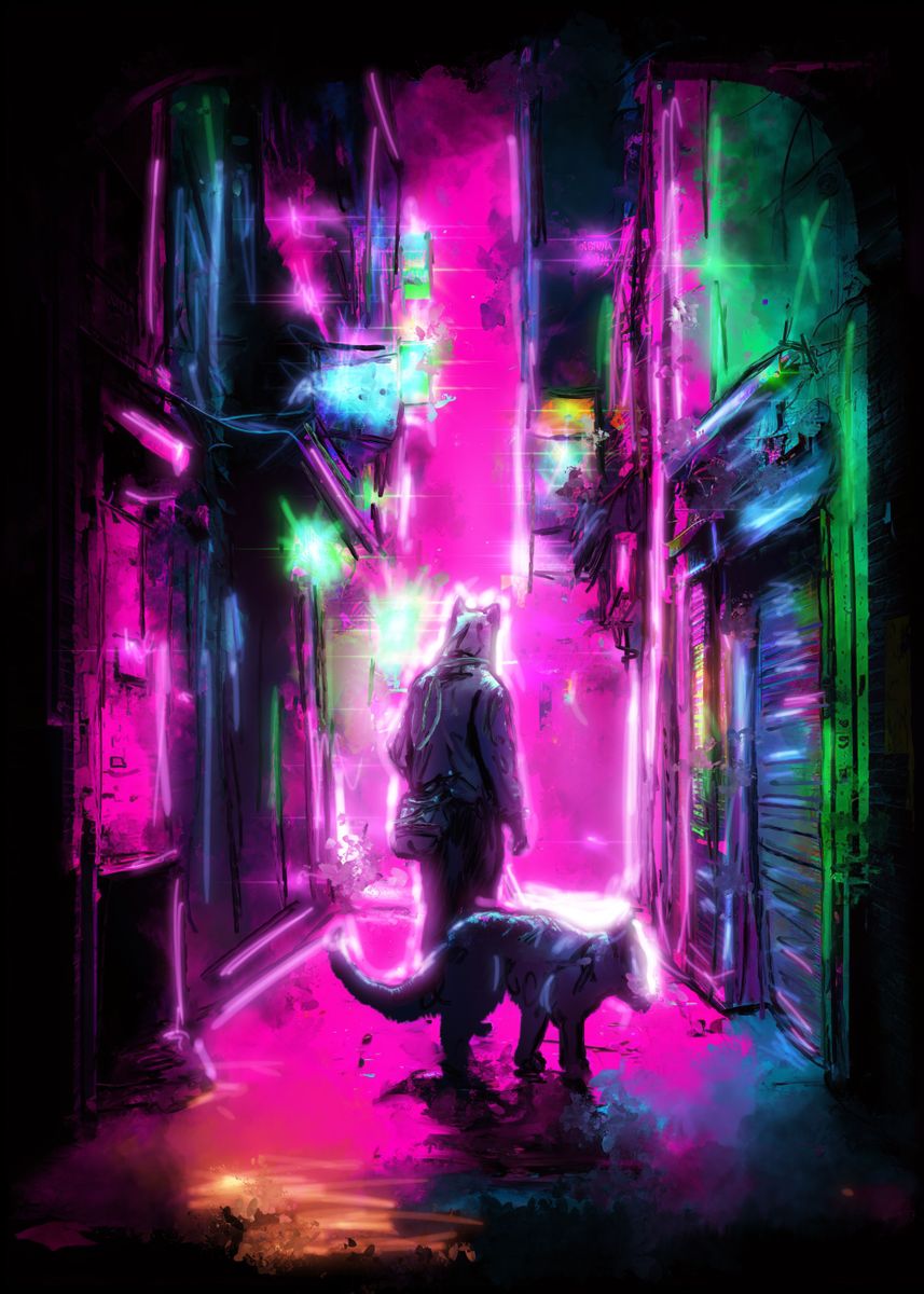 'Gothic Alley in Neon' Poster by Charles Michael | Displate