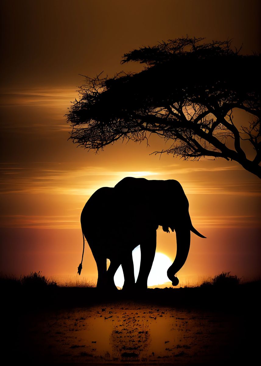'Elephant Sunset' Poster, picture, metal print, paint by DecoyDesign ...